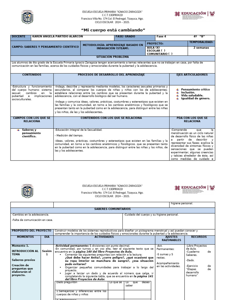 SABERES Y PENS. Mi Cuerpo Cambia | PDF | Ciclo menstrual | Menstruación