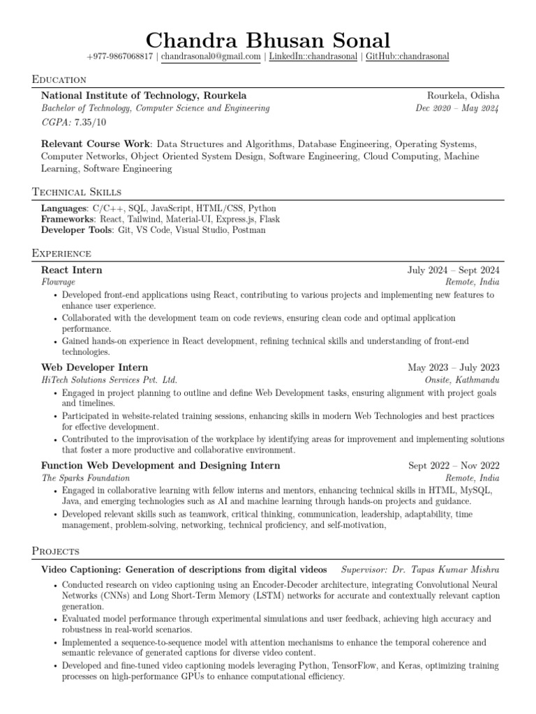 120cs1123 Chandra Bhusan Sonal Resume | PDF | Web Development | Computing
