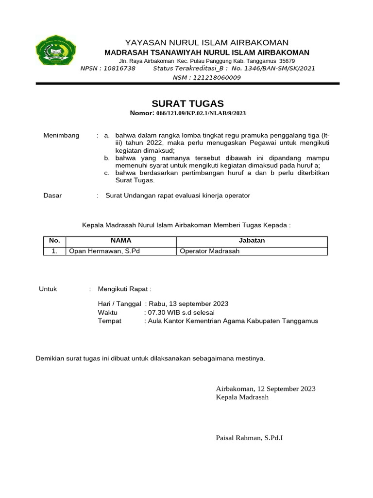 Contoh Surat Tugas Pramuka | PDF