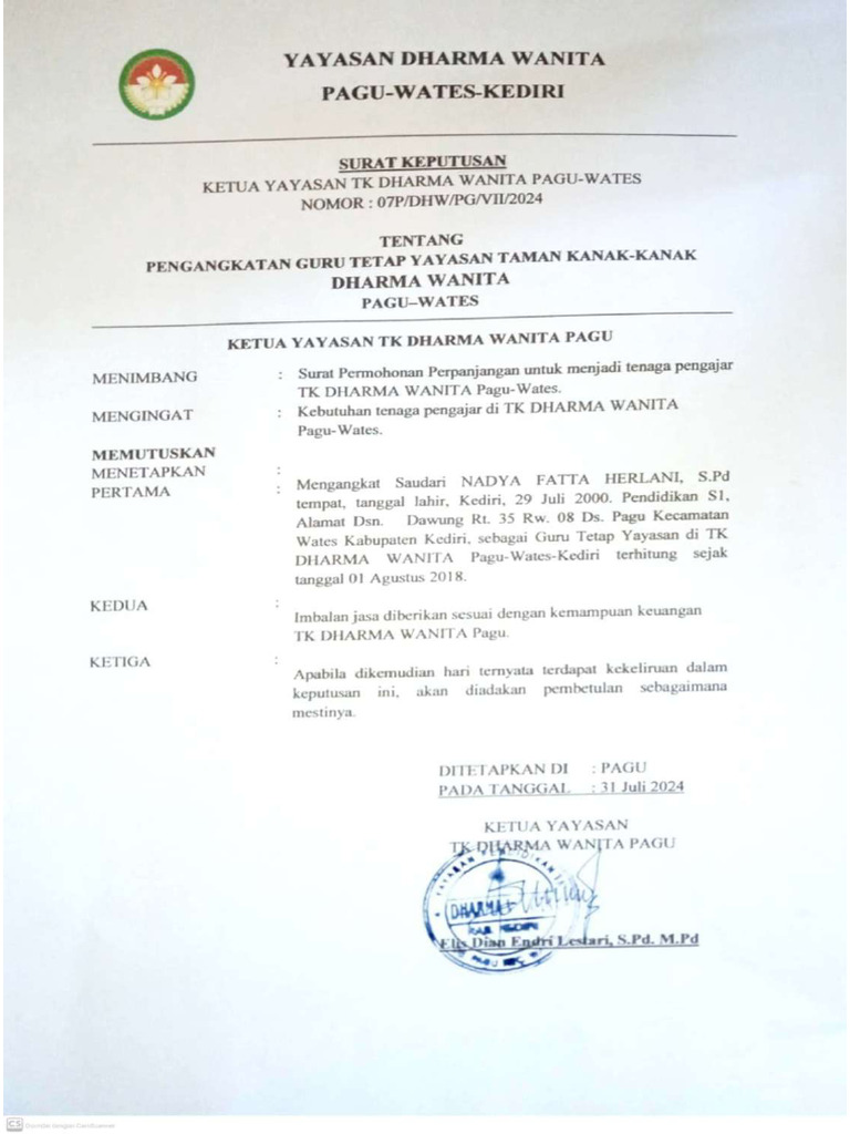 SK - Yayasan - Nadya Fatta Herlani - TK Dharma Wanita Pagu | PDF