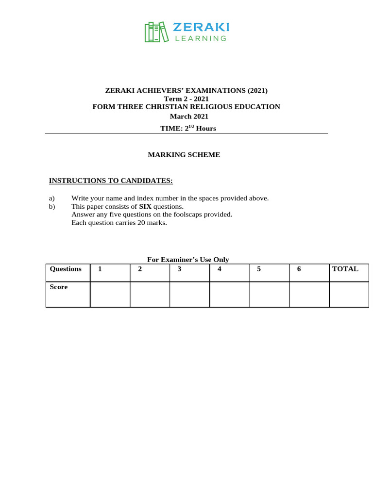 C.R.E Form 3 - Zeraki Achievers 2.0 | PDF | Jesus | Religious Belief ...
