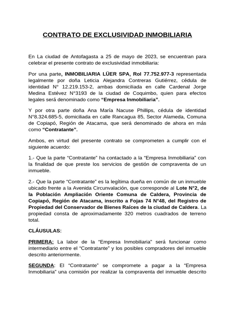 Ana Maria - Modelo-de-Contrato-de-Exclusividad-Inmobiliaria | PDF | Bienes raíces