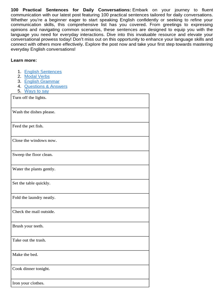 100 Practical Sentences For Daily Conversations | PDF | Dishwasher ...