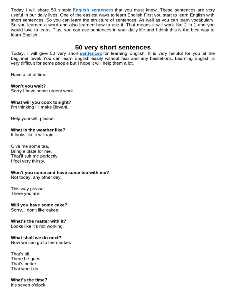 50 Simple English Sentences | PDF
