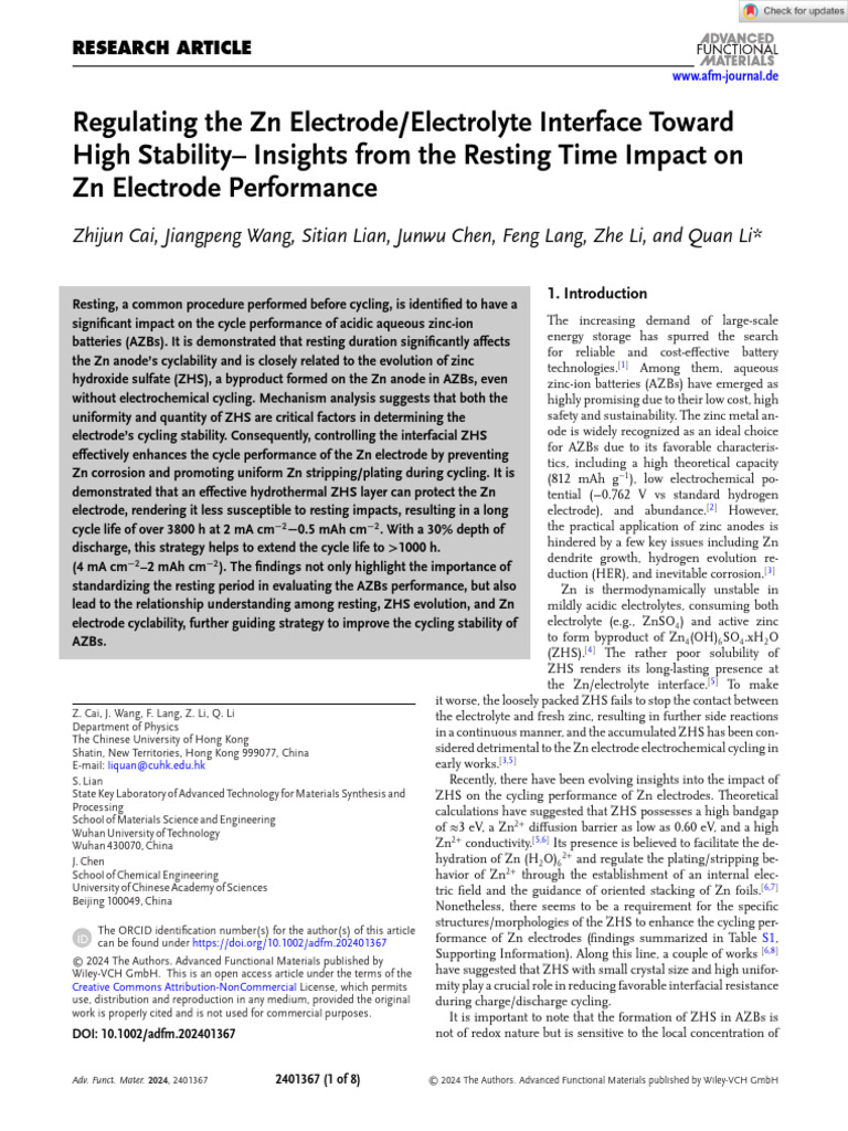 Adv Funct Materials - 2024 - Cai - Regulating The ZN Electrode ...