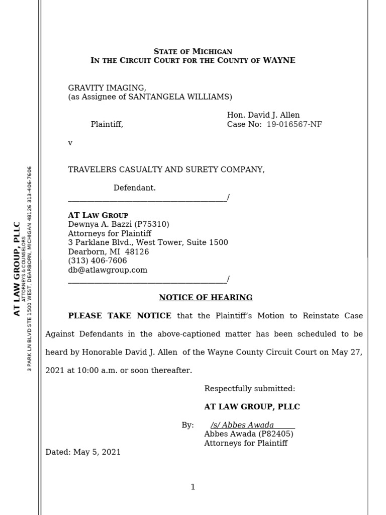 Gravity Imaging (Santangela Williams) Motion To Reinstate 2 | PDF | Default Judgment | Common Law