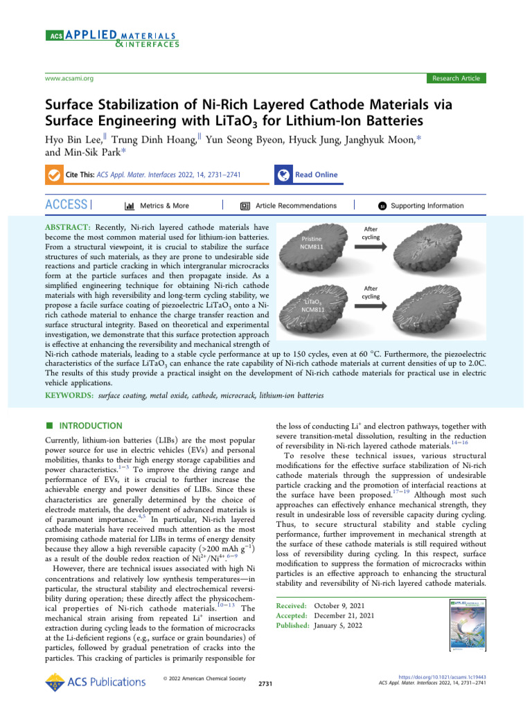 Lee Et Al 2022 Surface Stabilization of Ni Rich Layered Cathode Materials Via Surface ...