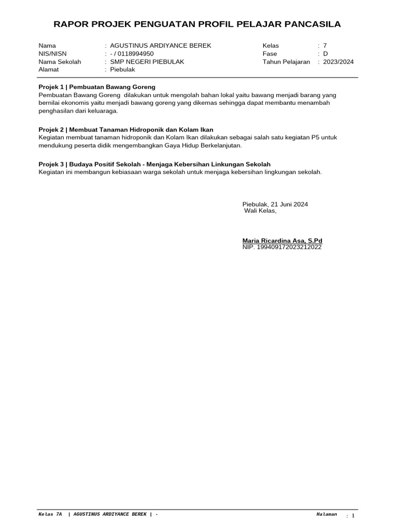 Rapor Projek Penguatan Profil Pelajar Pancasila | PDF