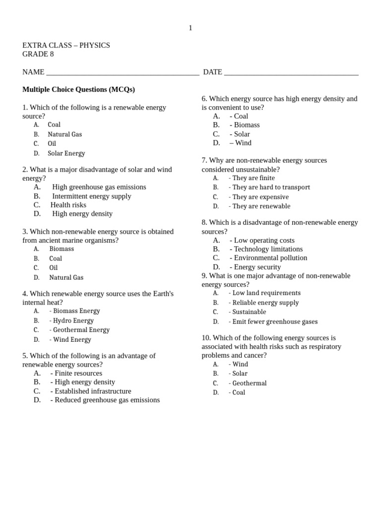 Grade 8 - Renewable Energy Sources | PDF | Energy Development ...
