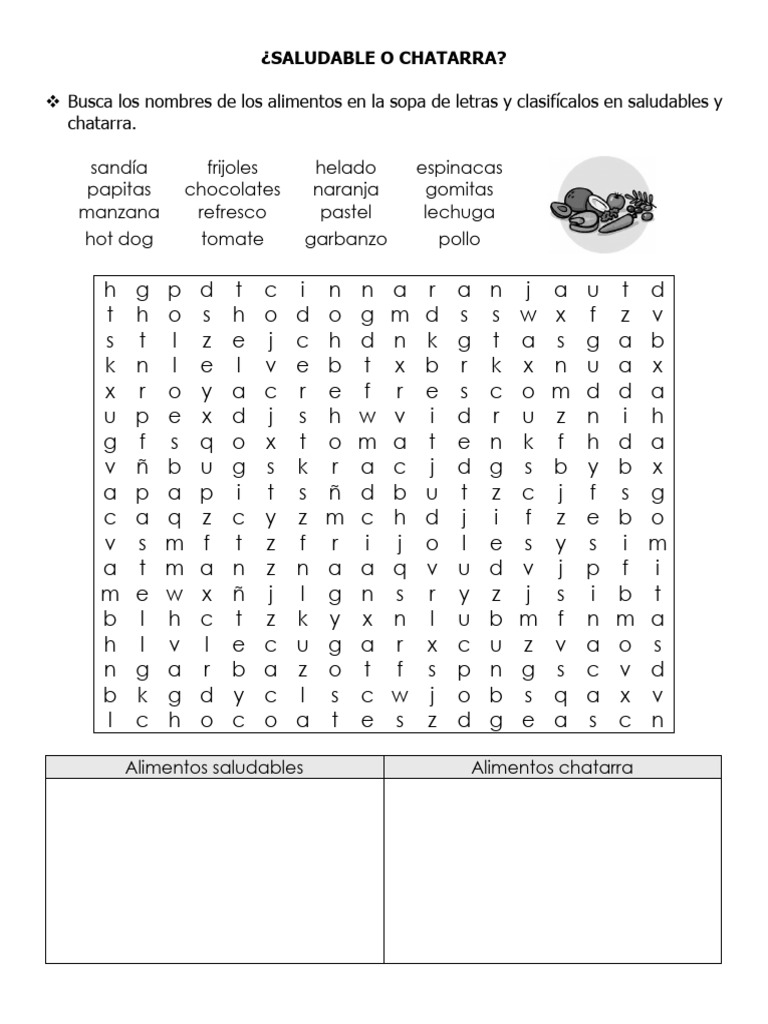 Sopa de letras: alimentos saludables y chatarra | PDF