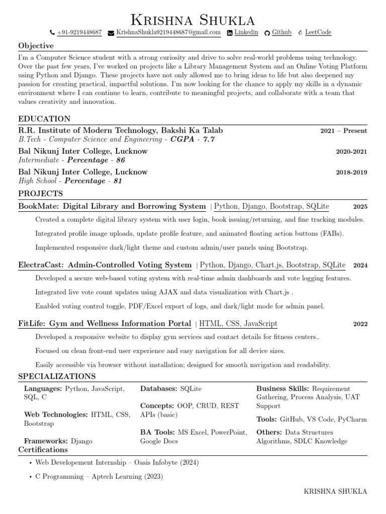 Krishna Shukla Resume 1-1 | PDF | Bootstrap (Front End Framework) | Python (Programming Language)