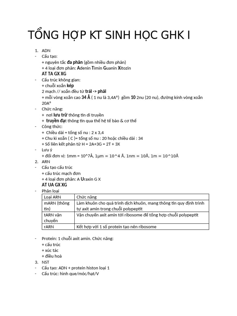 Tổng Hợp KT Sinh Học GHK I | PDF