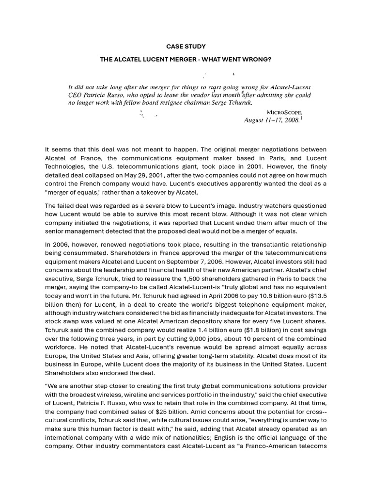 Case Study - Alcatel Lucent Merger | PDF