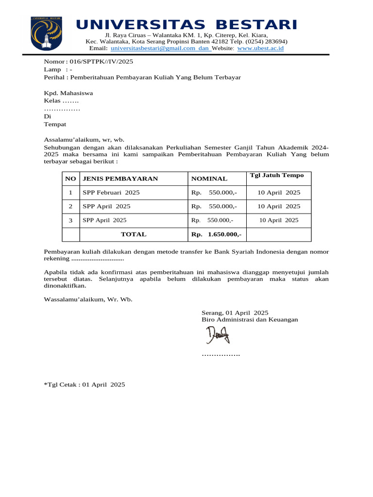 Contoh Surat Tagihan Kuliah | PDF
