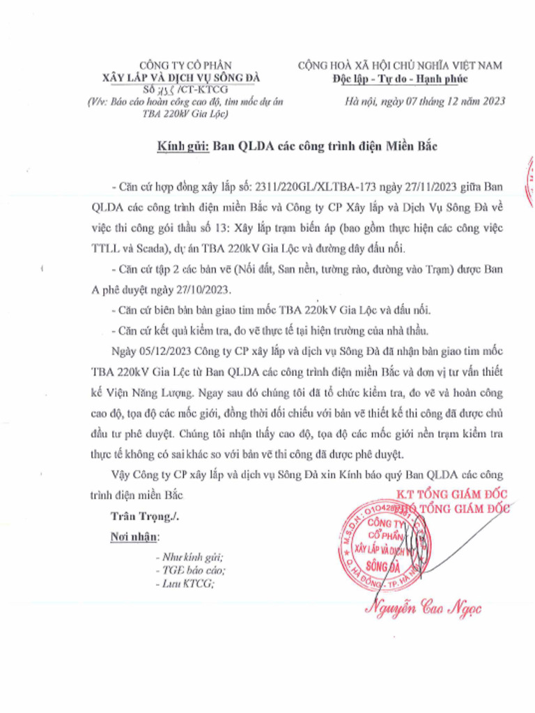 2023.12.07. CV153 KTCG vv báo cáo hoàn công cao độ tim mốc DA TBA GiaLộc | PDF