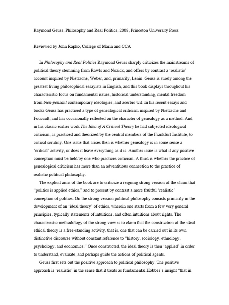 Reivew of 'Philosophy and Real Politics' (John Rapko) | PDF | John ...