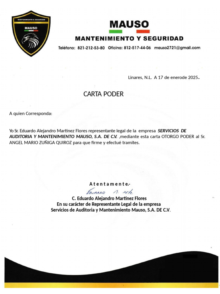 Carta Poder de Servicios MAUSO S.A. | PDF