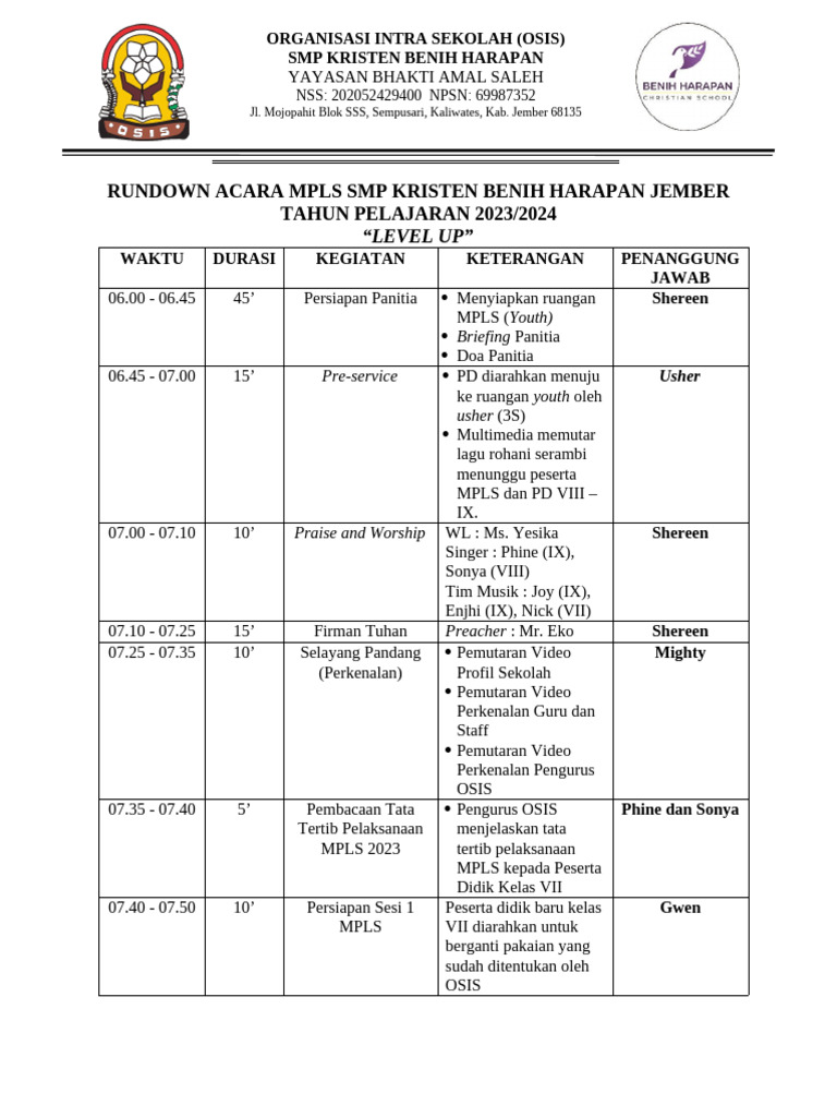 RUNDOWN ACARA MPLS SMP KRISTEN BENIH HARAPAN JEMBER | PDF