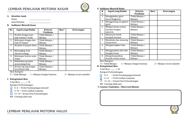 Lembar Penilaian Motorik Kasar | PDF