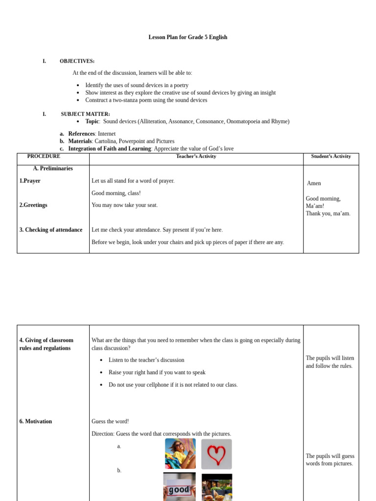 Grade 5 English Sound Devices Lesson Plan | PDF | Poetry | Rhyme