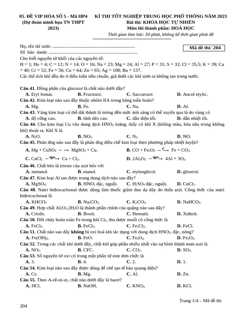 05. Đề Vip Hóa Số 5 - Hs-mã Hp4 | PDF