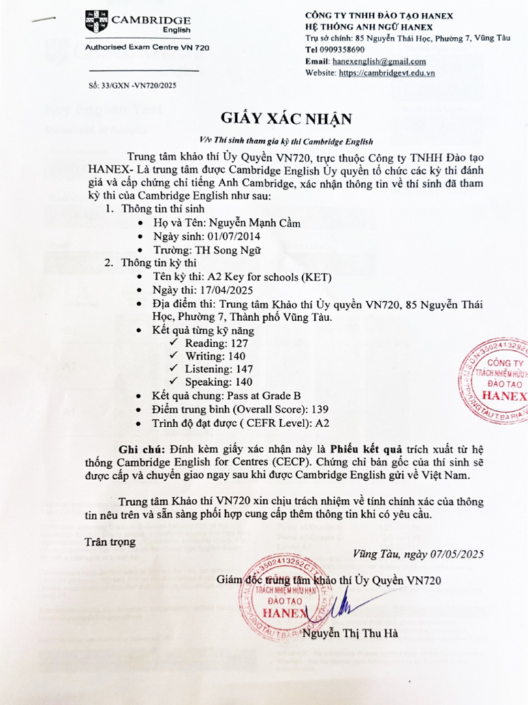 Cambridge Exam Confirmation | PDF