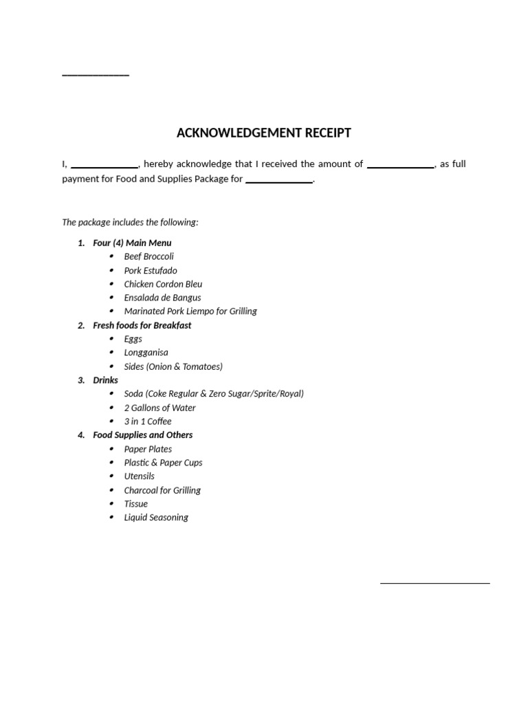 Acknowledgement Receipt Form - Catering | PDF