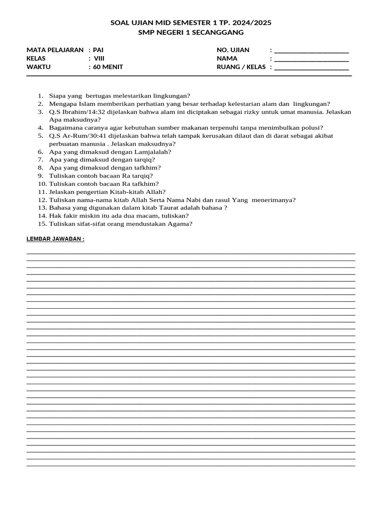 Soal Pai Kelas Viii 2024 | PDF