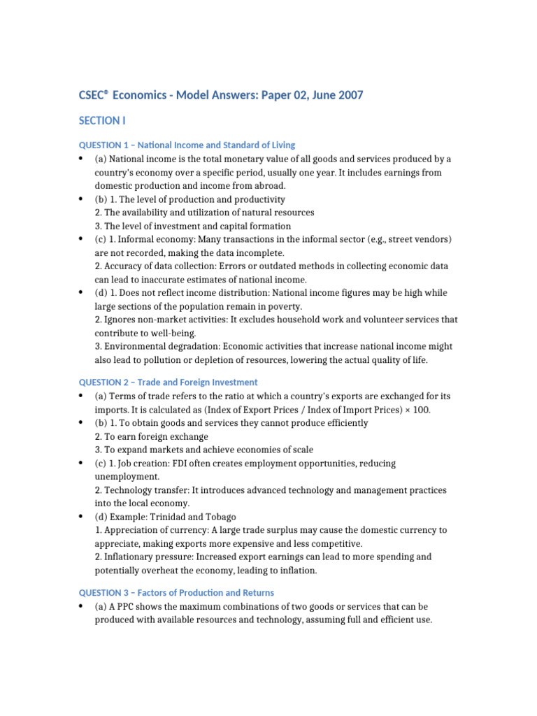 CSEC Economics June2007 Paper02 Model Answers | PDF | Economic Equilibrium | Economic Surplus