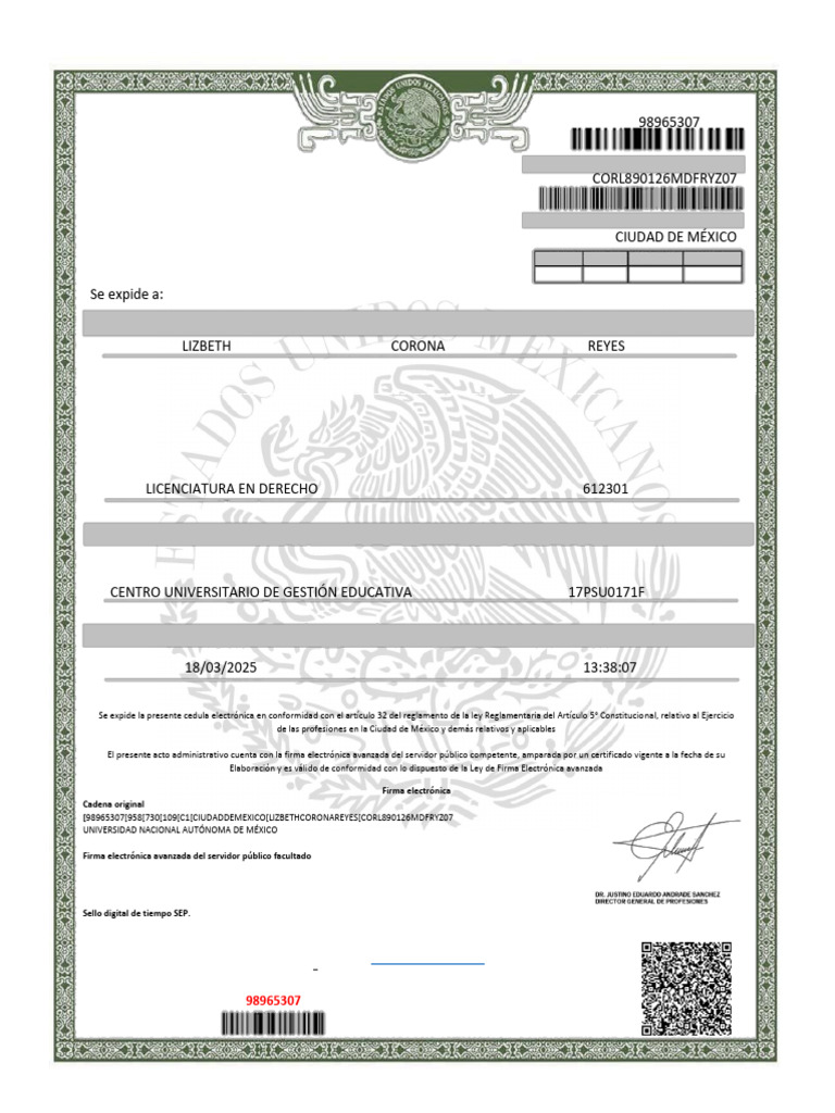 CEDULA derecho UNIGES LIZBETH CORONA REYES | PDF | México