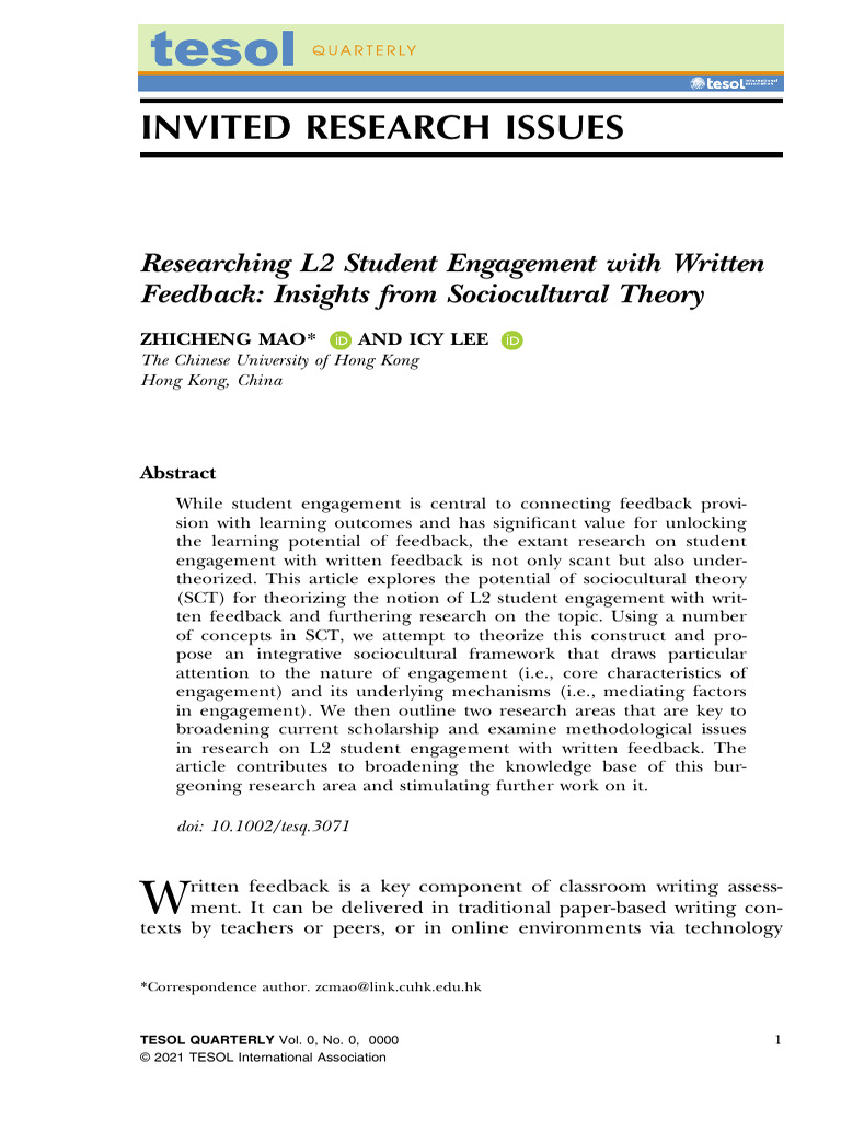 ResearchingL2 Student Engagement With Written Feedback Insights From Sociocultural Theory | PDF ...
