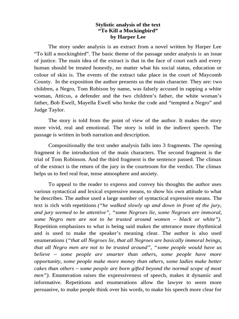 Stylistic Analysis of The Text To Kill A Mockingbird by Harper | PDF ...
