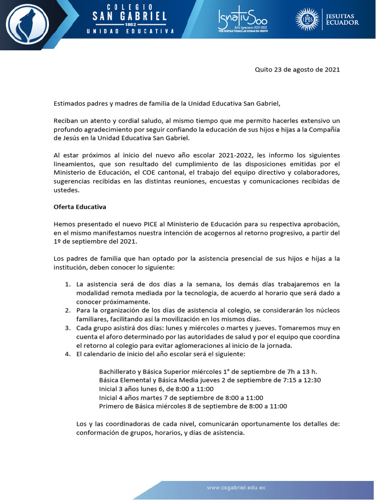 Comunicado PPFF Inicio de Año Lectivo | PDF