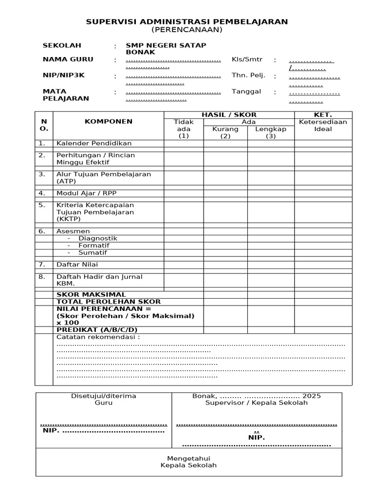 Form Supervisi Administrasi Pembelajaran | PDF