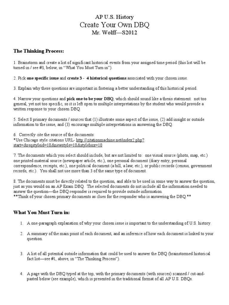 Create Your Own DBQ: AP U.S. History Mr. Wolff-S2012 | PDF | Evaluation ...
