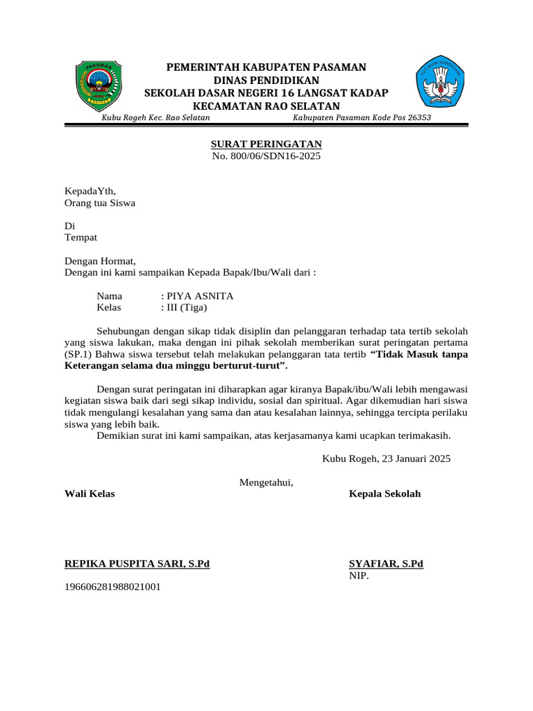 Surat Peringatan Siswa | PDF