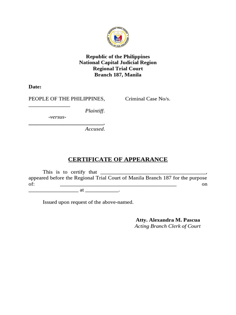 Certificate of Appearance Template (Blank) | PDF