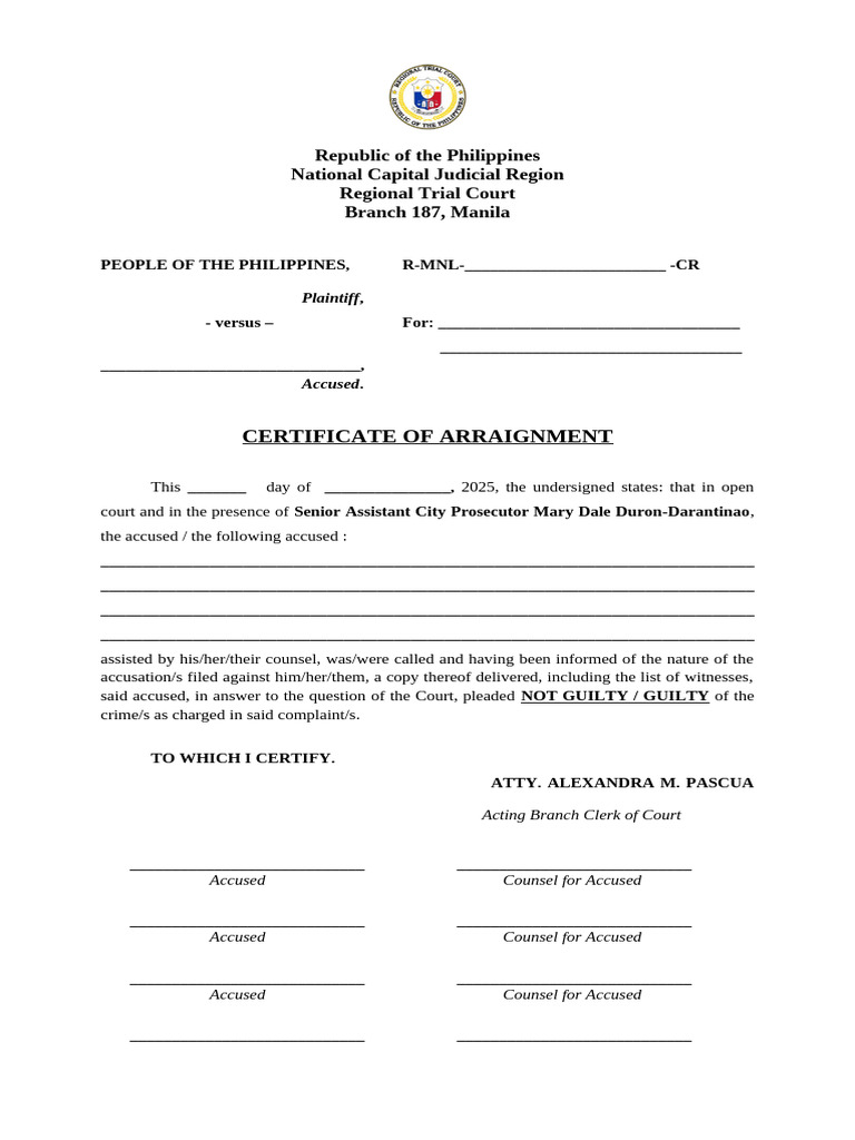 Certificate of Arraignment Template (Blank) | PDF