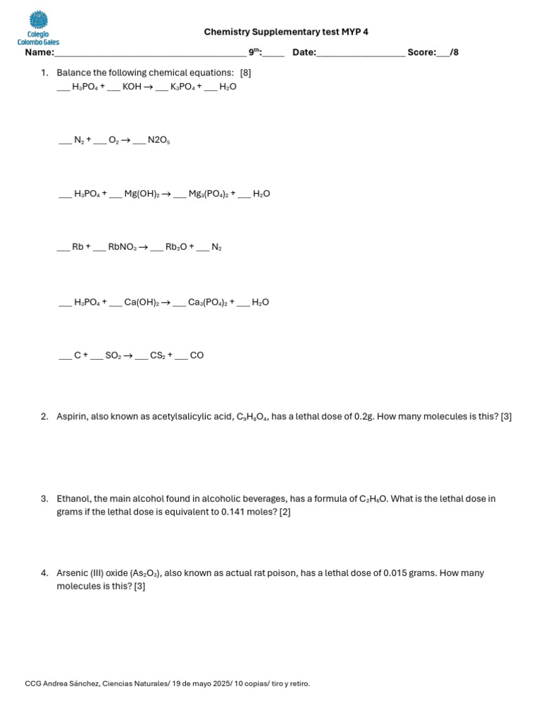 Chemistry MYP 4 Supplementary Test | PDF | Magnesium | Mole (Unit)
