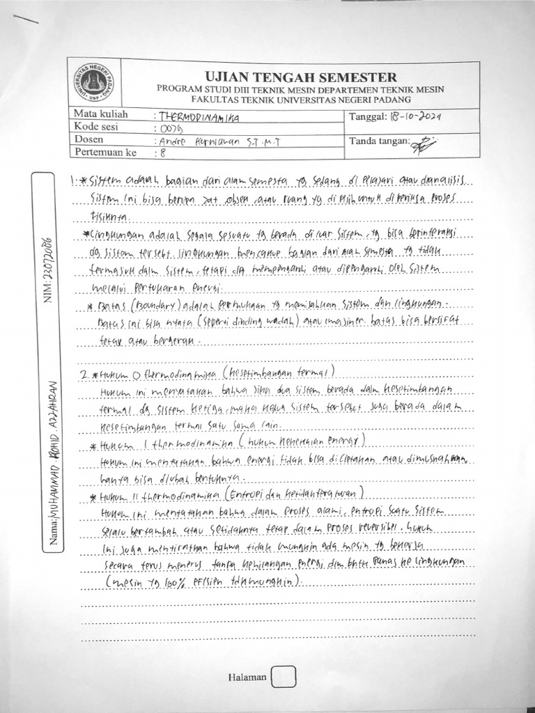 Uts Thermodinamika Muhammad Rohid Azzahran (23072086) | PDF