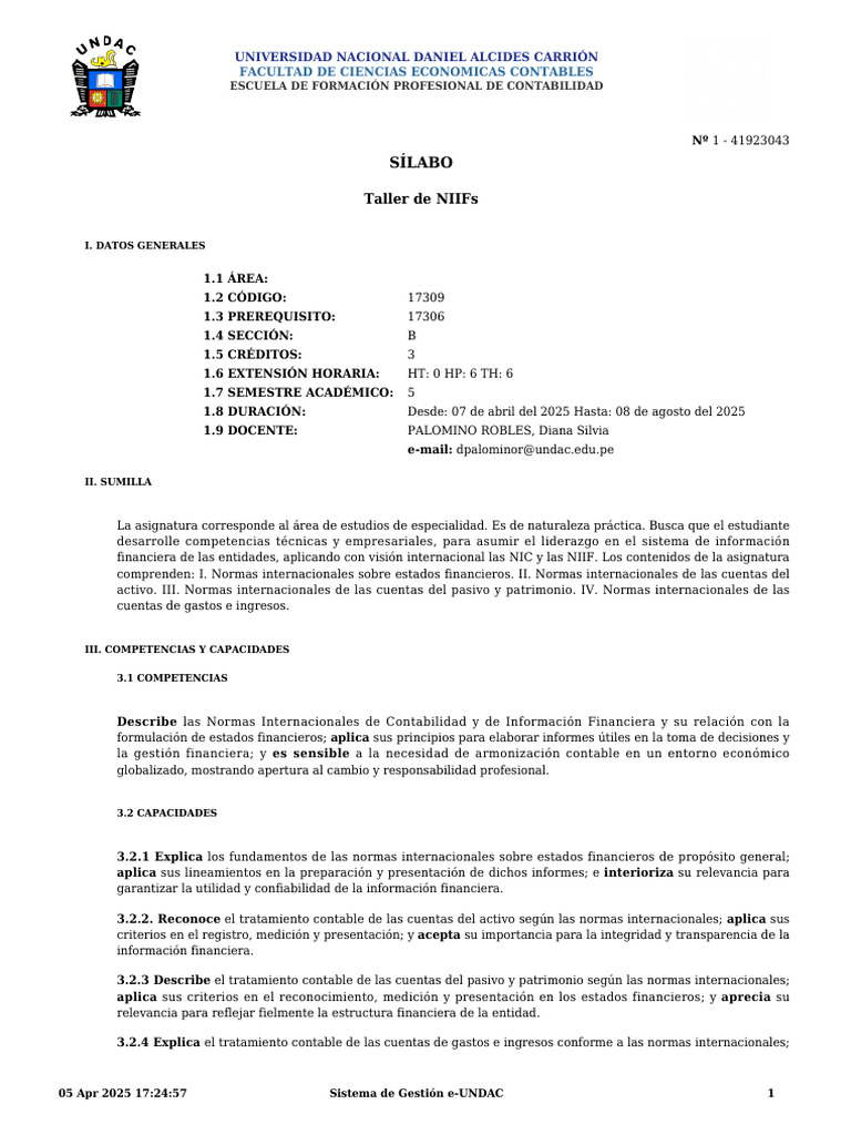 SILABO - 17309 Taller de NIIFs - V Semestre B - Mg. Diana S. Palomino ...