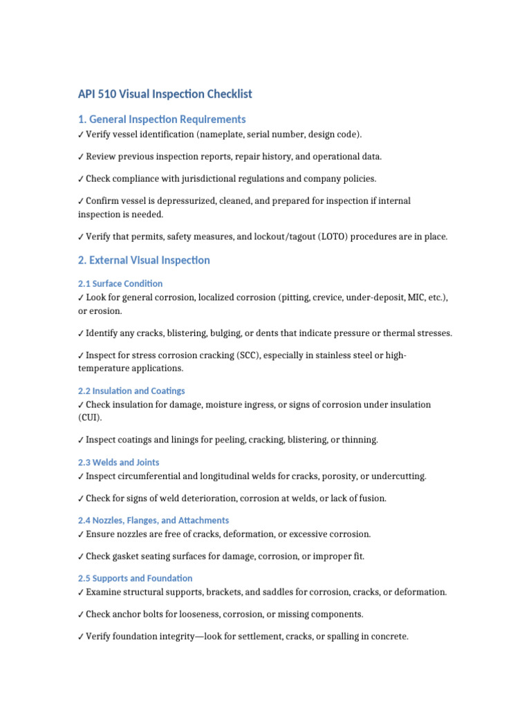 API 510 Visual Inspection Checklist | PDF | Leak | Corrosion