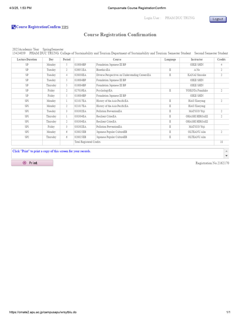 Campusmate Course RegistrationConfirm | PDF