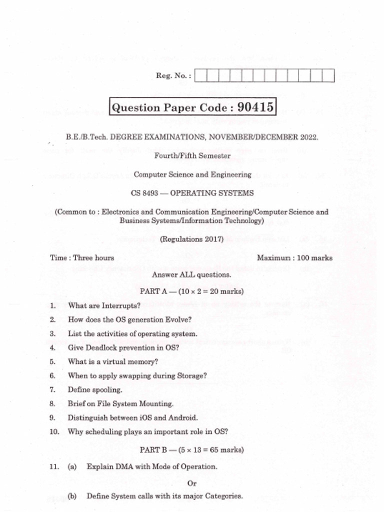 Operating Systems - CS8493 2017 Regulation - Semester Question Paper 2022 Nov Dec | PDF ...