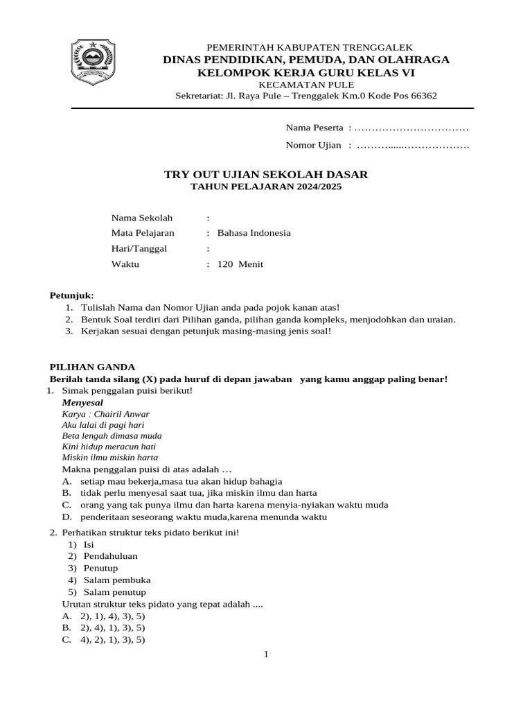 Try Out Ujian Sekolah Dasar 2024/2025 | PDF