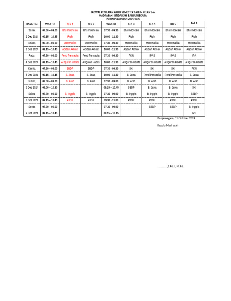 JADWAL PAS 2024-2025 BNA | PDF