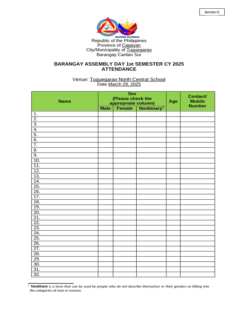 Annex G - Attendance Sheet Barangay Assembly 1st Semester March 29, 2025 | PDF