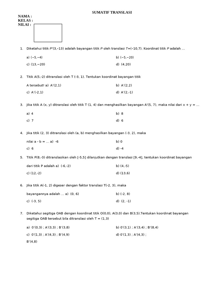 Soal dan Pembahasan Translasi Koordinat | PDF