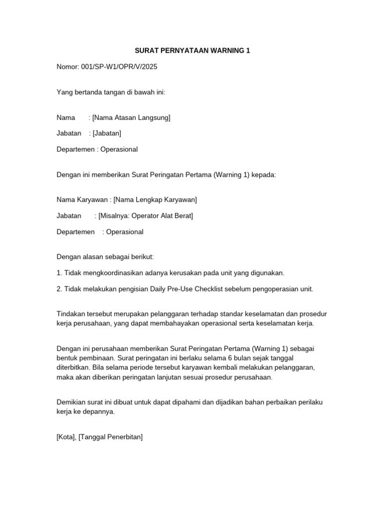 Surat Peringatan Warning 1 | PDF