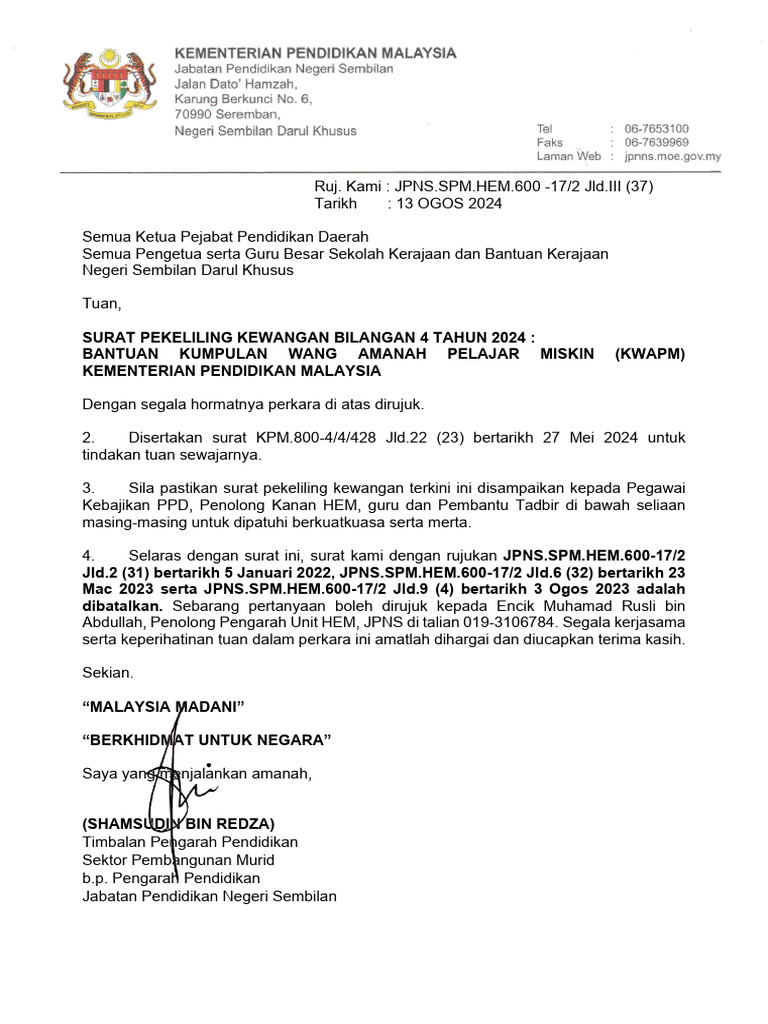 Surat Pekeliling Kewangan Bil 4/2024 | PDF